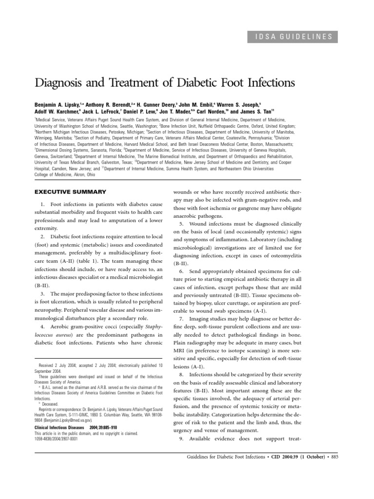 Diagnosis and Treatment of Diabetic Foot Infections: Idsaguidelines ...