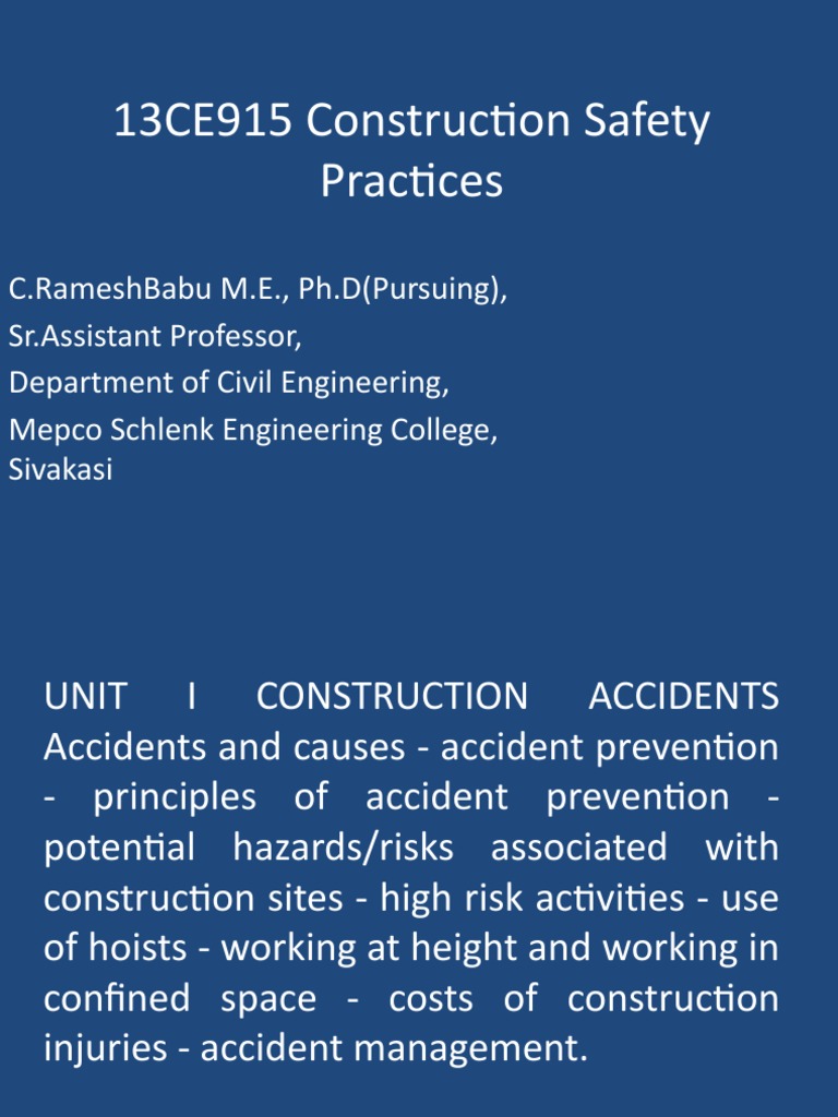 13CE915 Construction Safety Practices | PDF | Occupational Safety And ...
