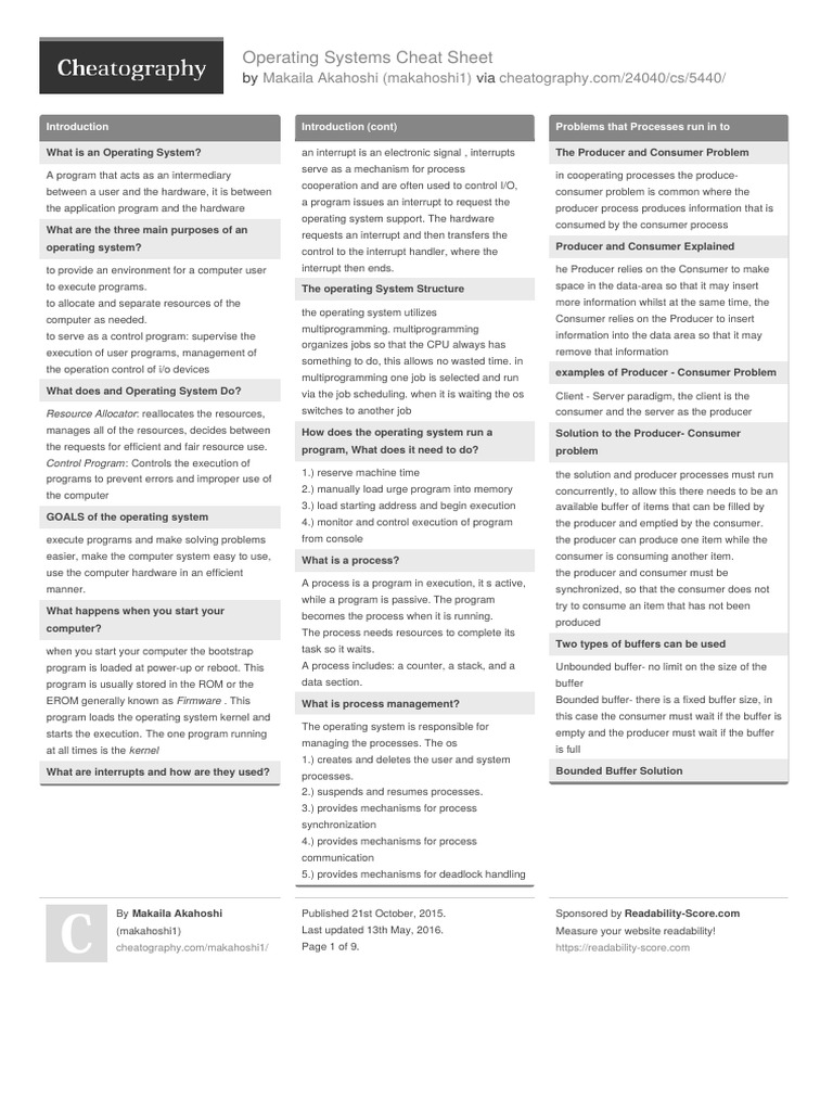 Operating Systems Cheat Sheet: by Via | PDF | Scheduling (Computing) | Thread (Computing)