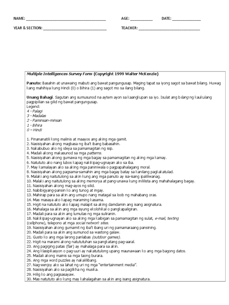 Multiple Intelligences Survey Form | PDF