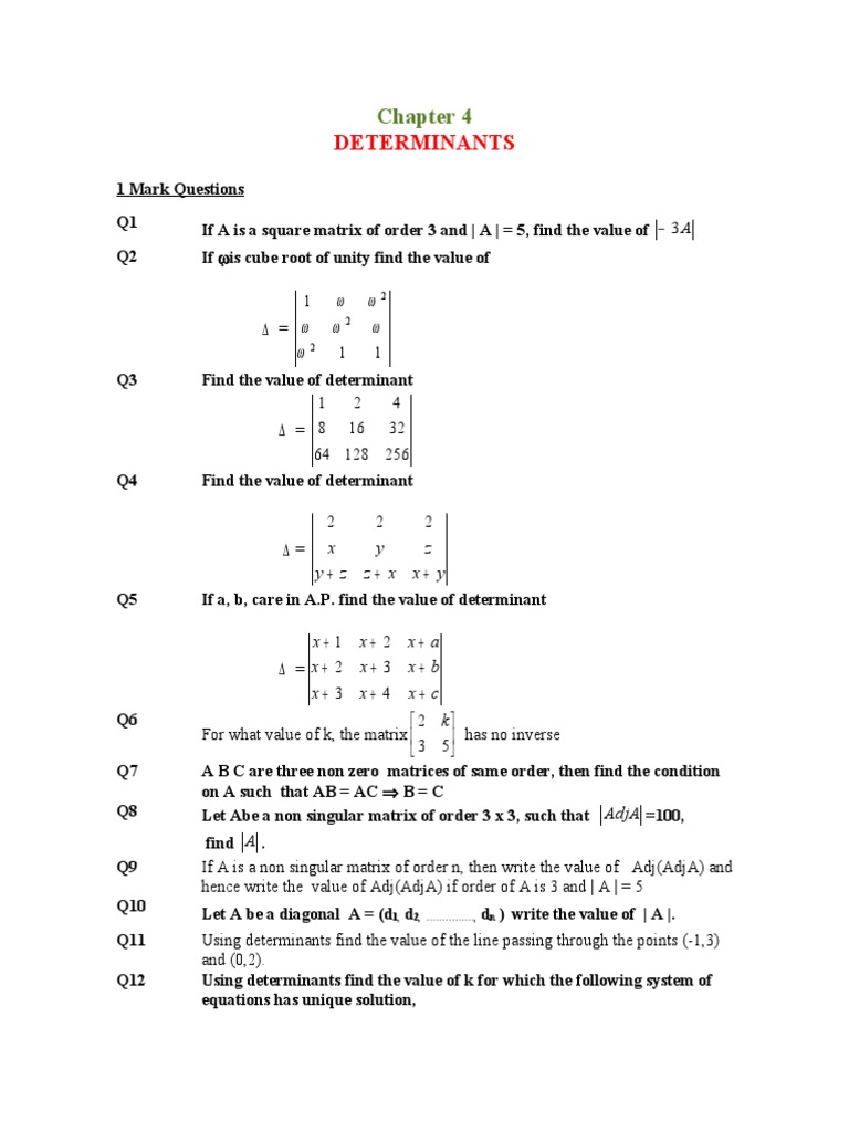 Determinants: Solutions to Problems Involving the Calculation and ...