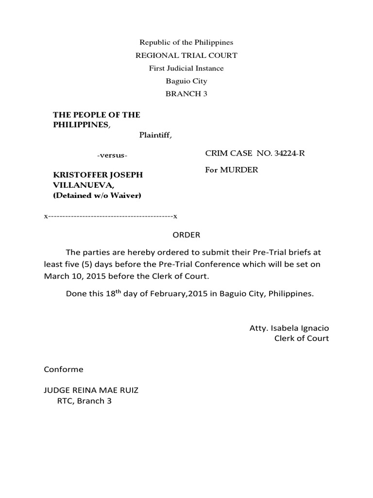 Pre-Trial Order for Murder Case in Baguio | PDF