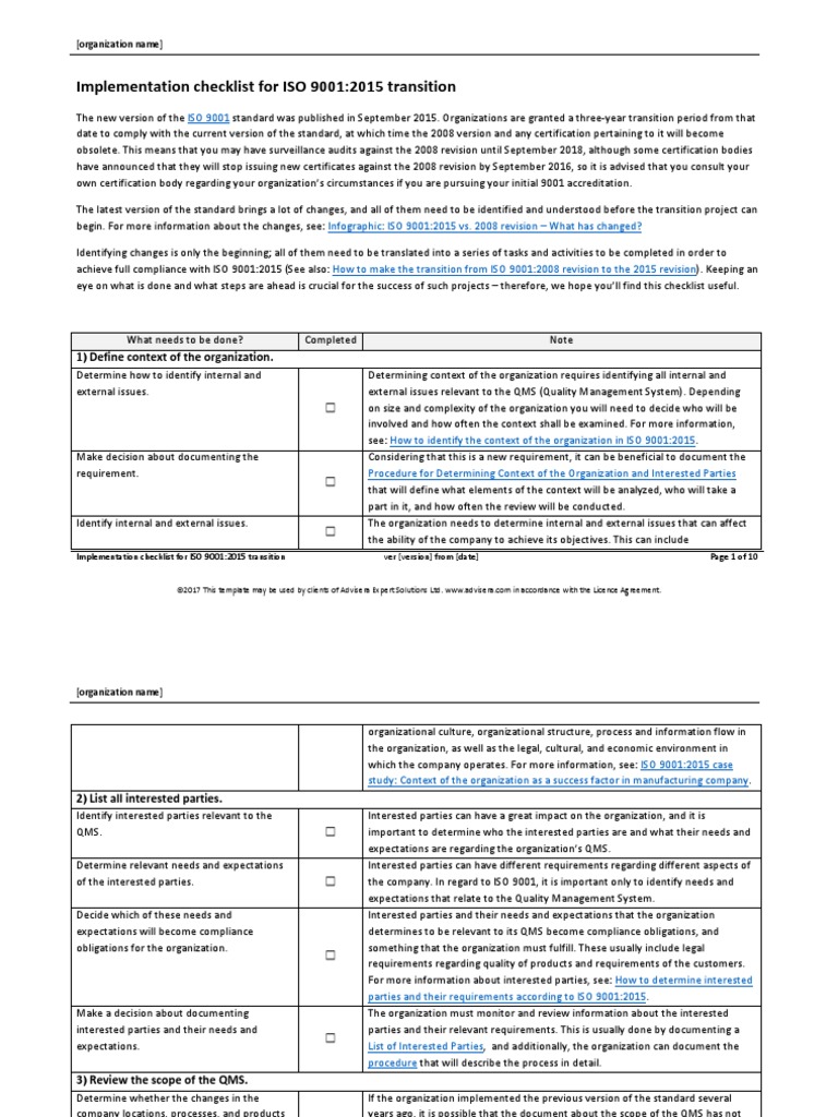 Implementation Checklist For ISO 9001 2015 Transition en | PDF | Iso ...