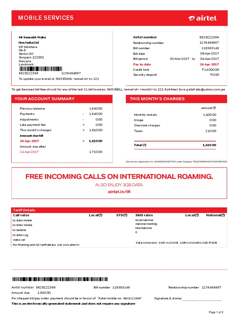 Airtel Postpaid Bill Summary 2017 | PDF | Invoice | Telecommunications