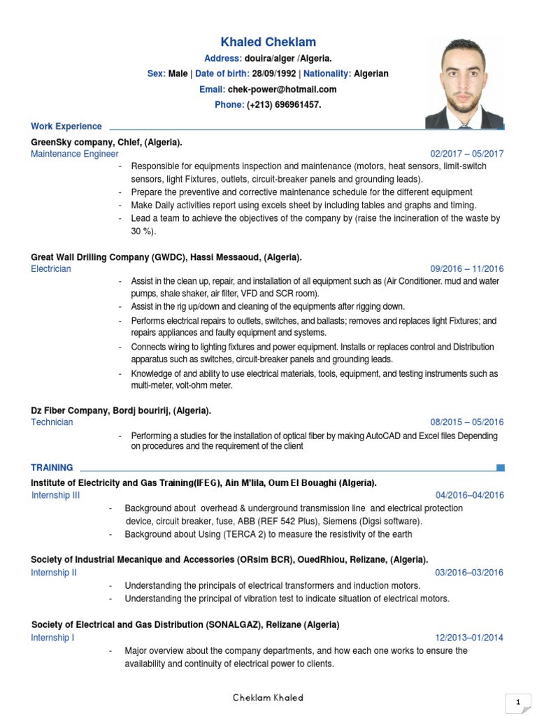Cheklam Khaled CV | PDF | Electrical Engineering | Electricity