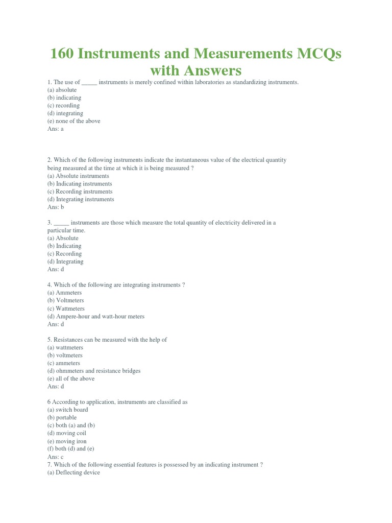 Instrumentation and Measurements Multiple Choice Questions with Answers: An Overview of Common ...
