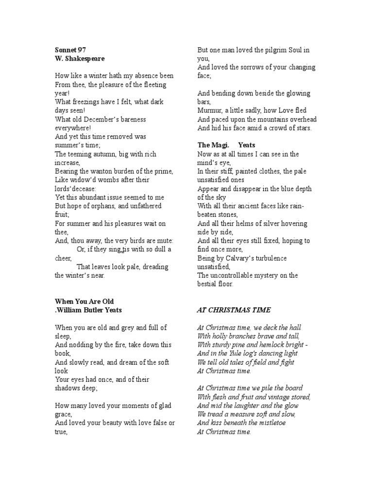 Sonnet 97 W. Shakespeare: at Christmas Time | PDF | Poetry