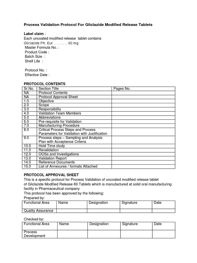 Process Validation Protocol For Gliclazide Modified Release Tablets ...