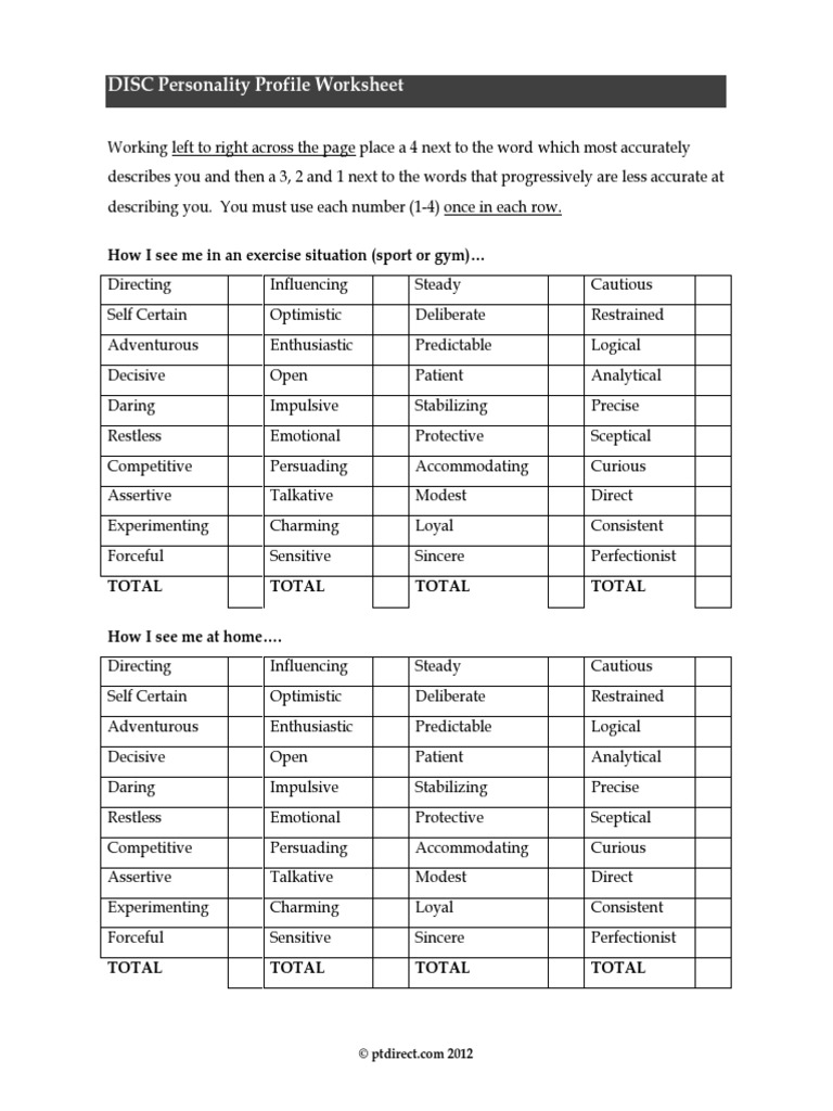 Personality Profile - Behavioural Style Worksheets | Nonverbal ...