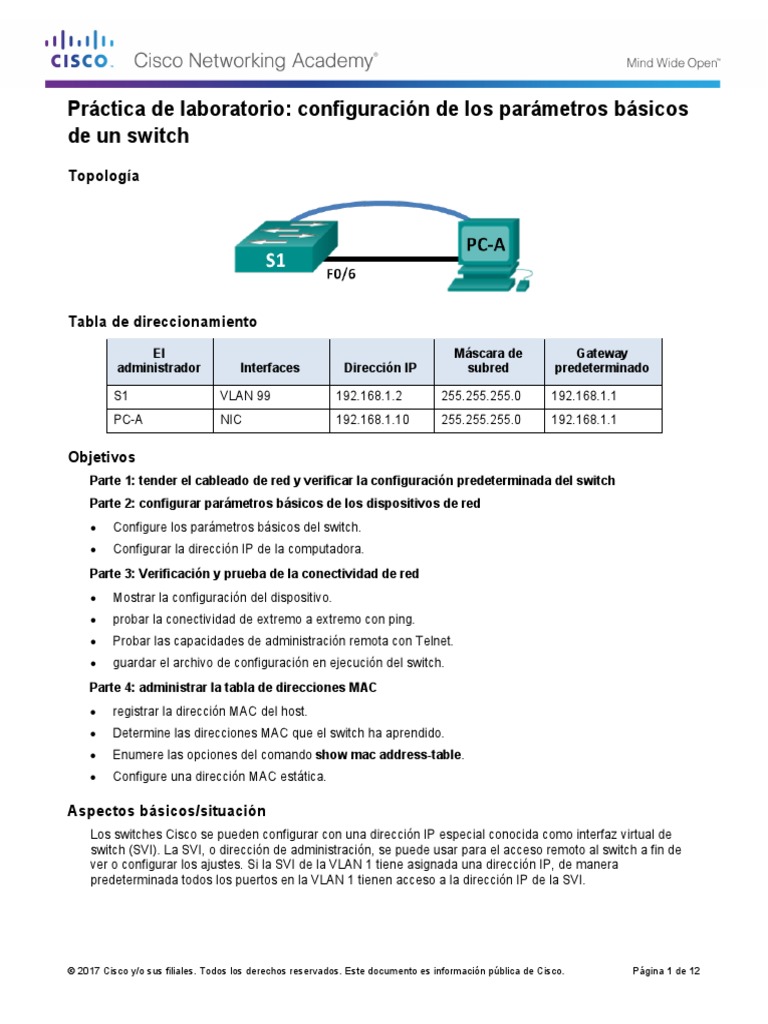 5.1.1.6 Lab - Configuring Basic Switch Settings | PDF | Dirección IP | Conmutador de red