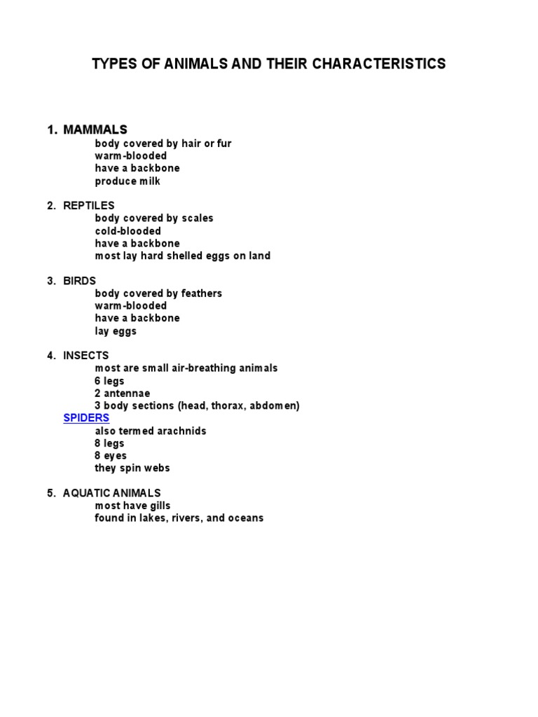 Animal Types and Characteristics Guide | PDF | Fish | Mammals