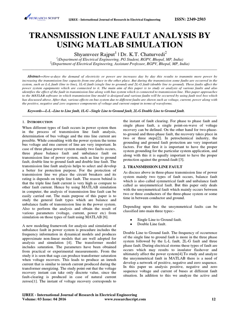 Transmission Line Fault Analysis by Using Matlab Simulation: Shyamveer Rajput - Dr. K.T ...