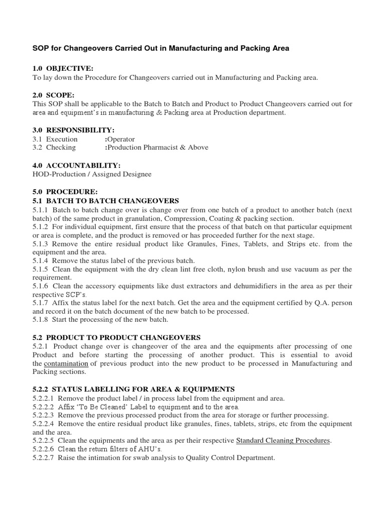 Changeover SOP for Manufacturing & Packing | PDF | Quality Assurance | Tablet (Pharmacy)
