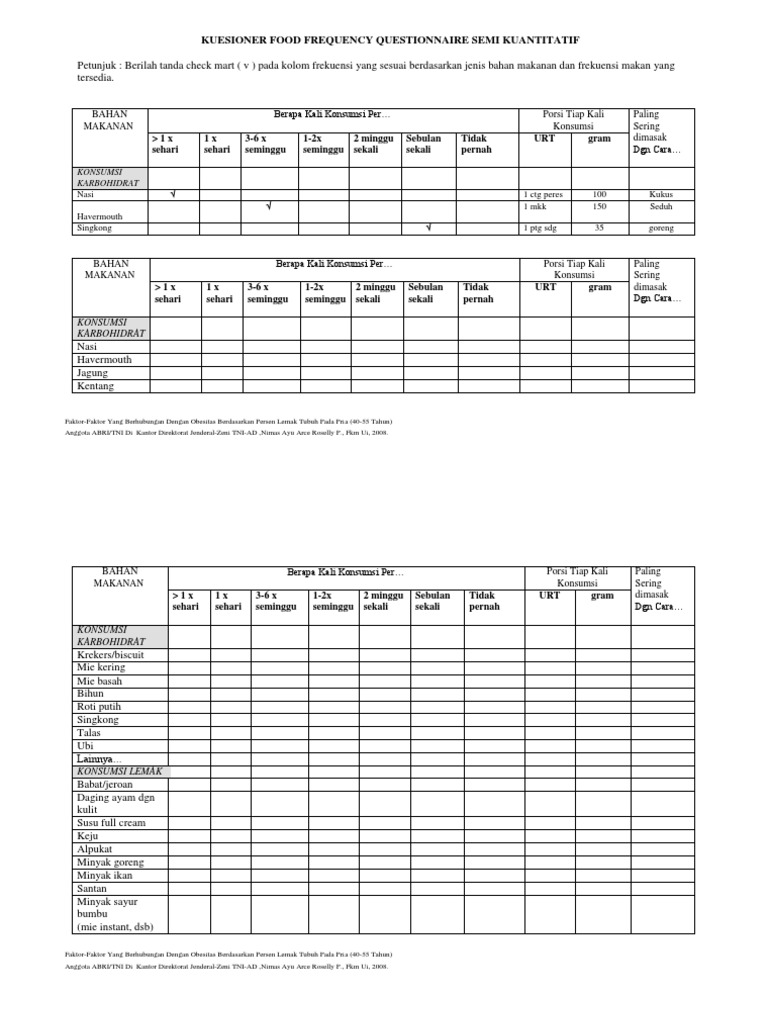 Kuesioner Food Frequency Questionnaire Semi Kuantitatif | PDF