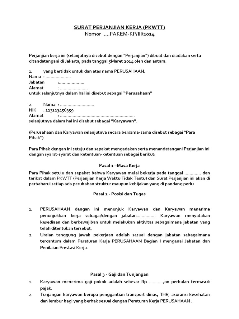 Surat Perjanjian Kerja (PKWTT) | PDF | Bisnis | Hukum