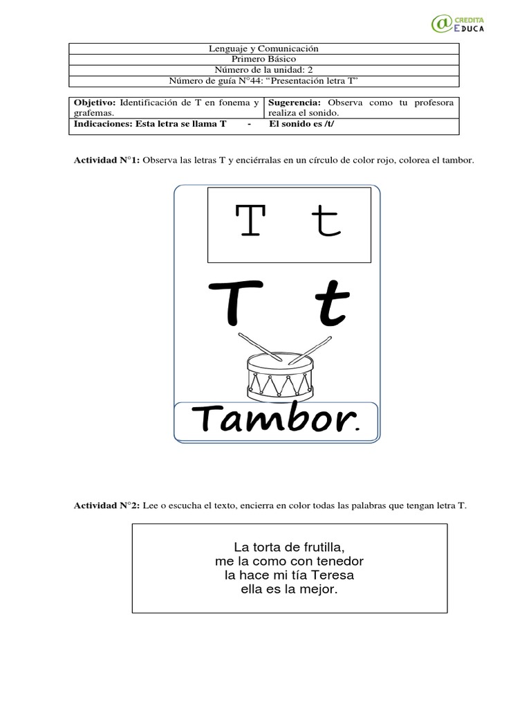 Presentando la letra T: Actividades para identificar el sonido y ...