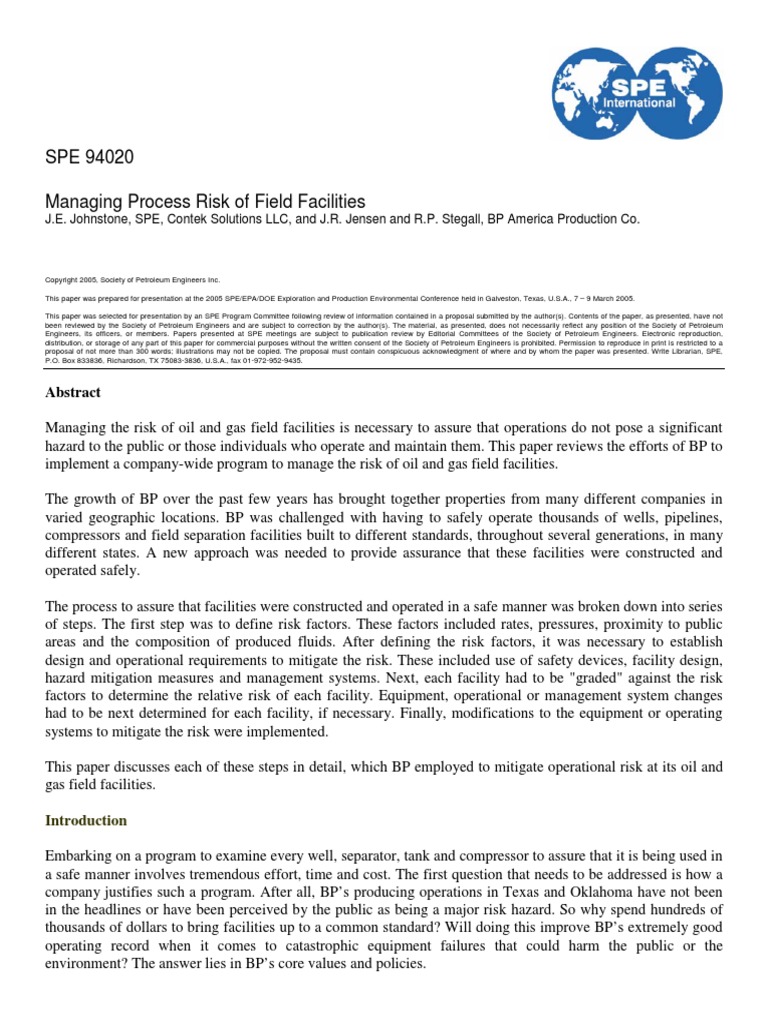 SPE 94020 Managing Process Risk of Field Facilities | PDF | Pipeline ...
