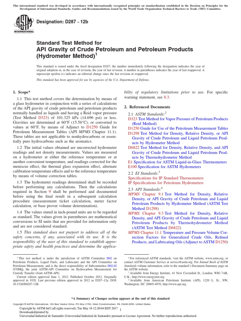 ASTM D287 12b | PDF | Thermometer | Density