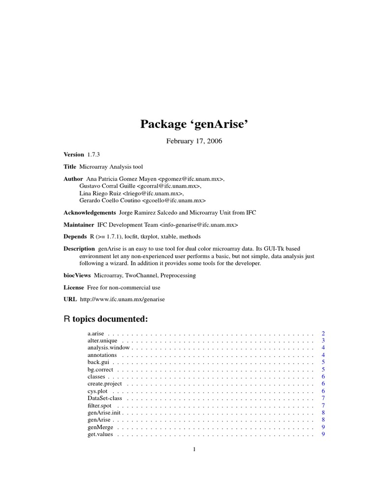 Package Genarise': R Topics Documented | PDF | Matrix (Mathematics) | Parameter (Computer ...