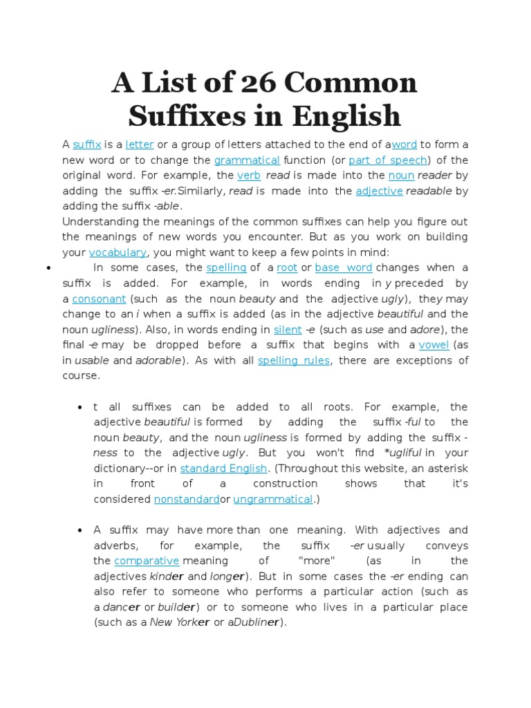 A List of 26 Common Suffixes in English | PDF | Adjective | English ...