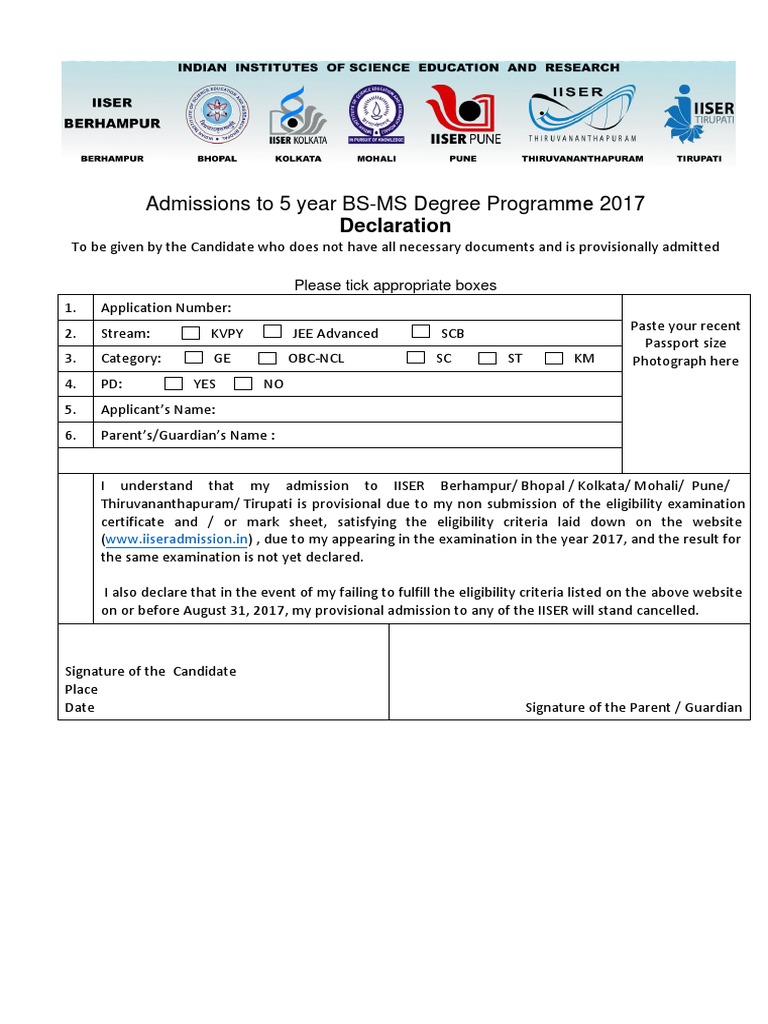 Admissions To 5 Year BS-MS Degree Programme 2017: Declaration | PDF