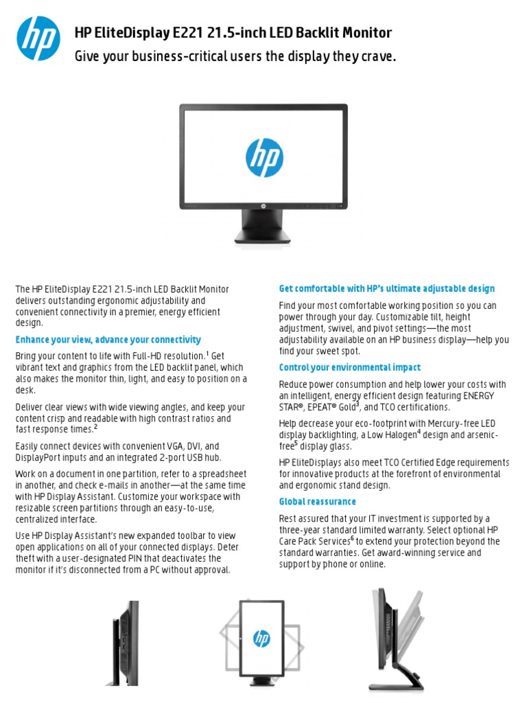 HP EliteDisplay E221 Datasheet | PDF | Computer Monitor | Backlight