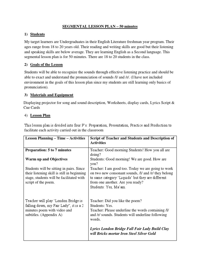 Segmental Lesson Plan | PDF | Lesson Plan | Cognition