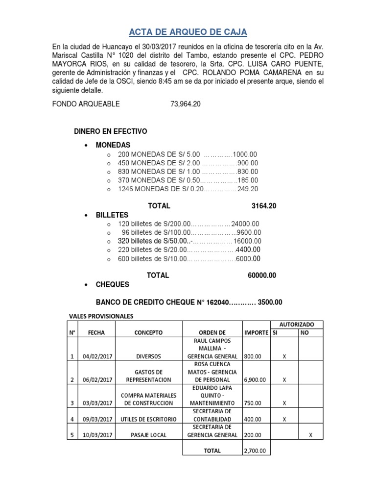 Acta de Arqueo de Caja | PDF | Dinero | Contabilidad