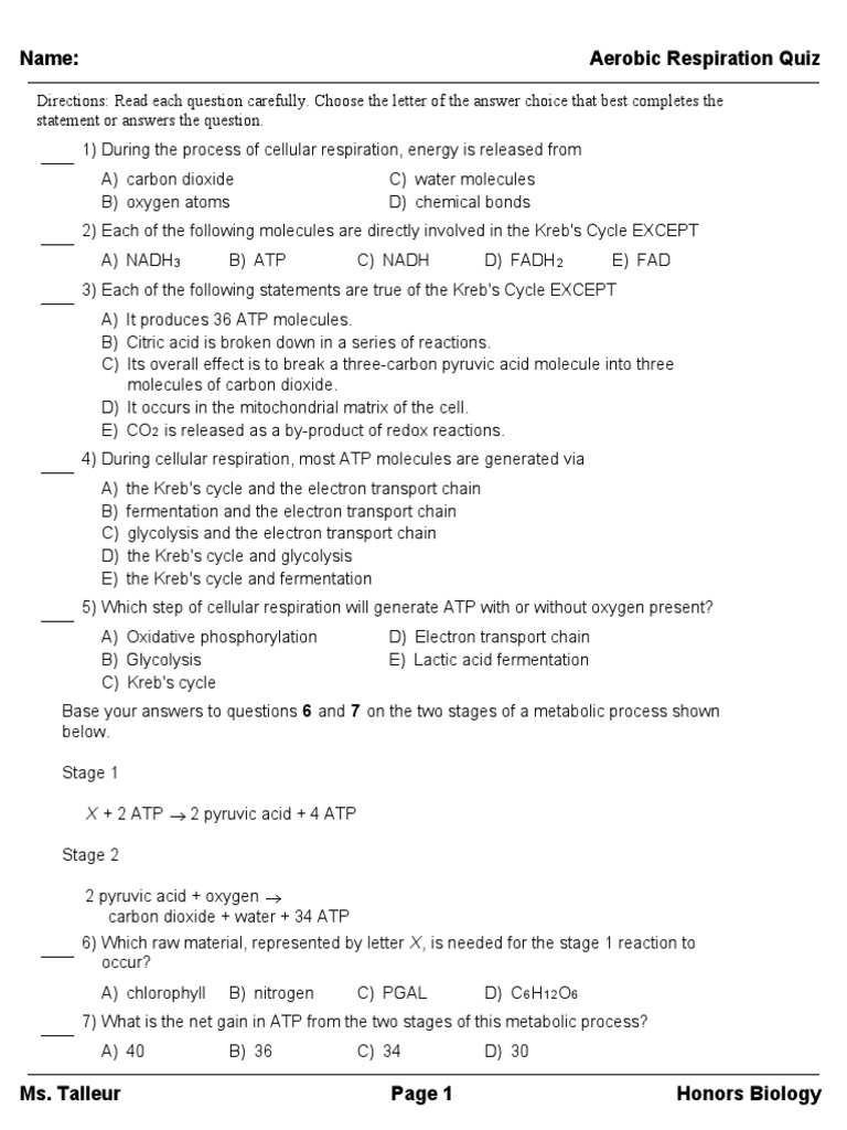 Aerobic Respiration Quiz Sc Pdf Cellular Respiration Adenosine