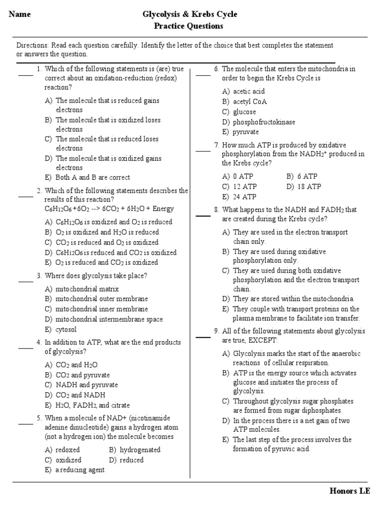 Glycolysis Krebscycle Practice Questions SC | PDF | Glycolysis ...