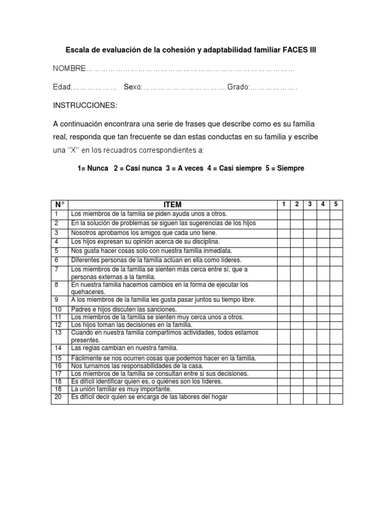 Escala de Evaluación de La Cohesión y Adaptabilidad Familiar FACES III