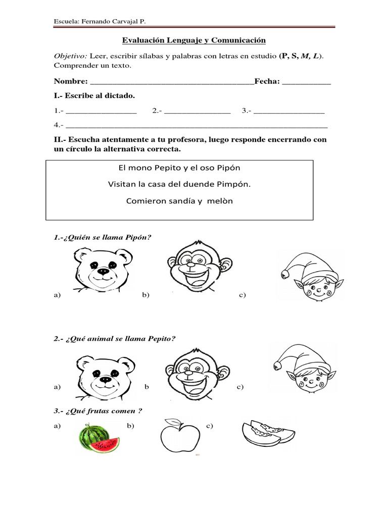 Prueba de Lenguaje Primer Año | PDF