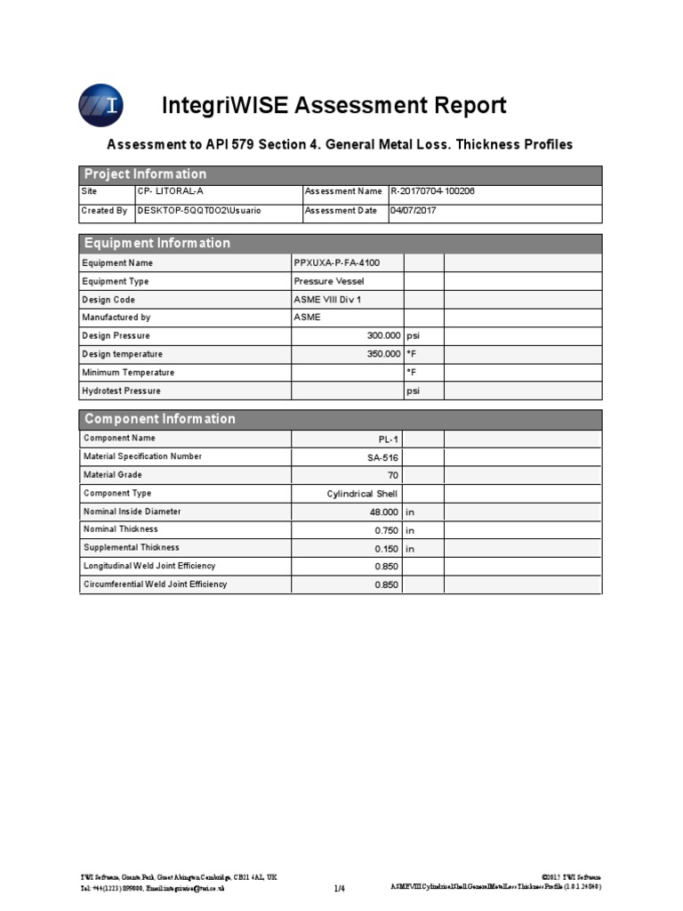 Integriwise Assessment Report: Assessment To Api 579 Section 4. General ...