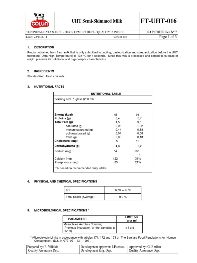 UHT Semi-Skimmed Milk Technical Data | PDF | Milk | Nutrition Facts Label