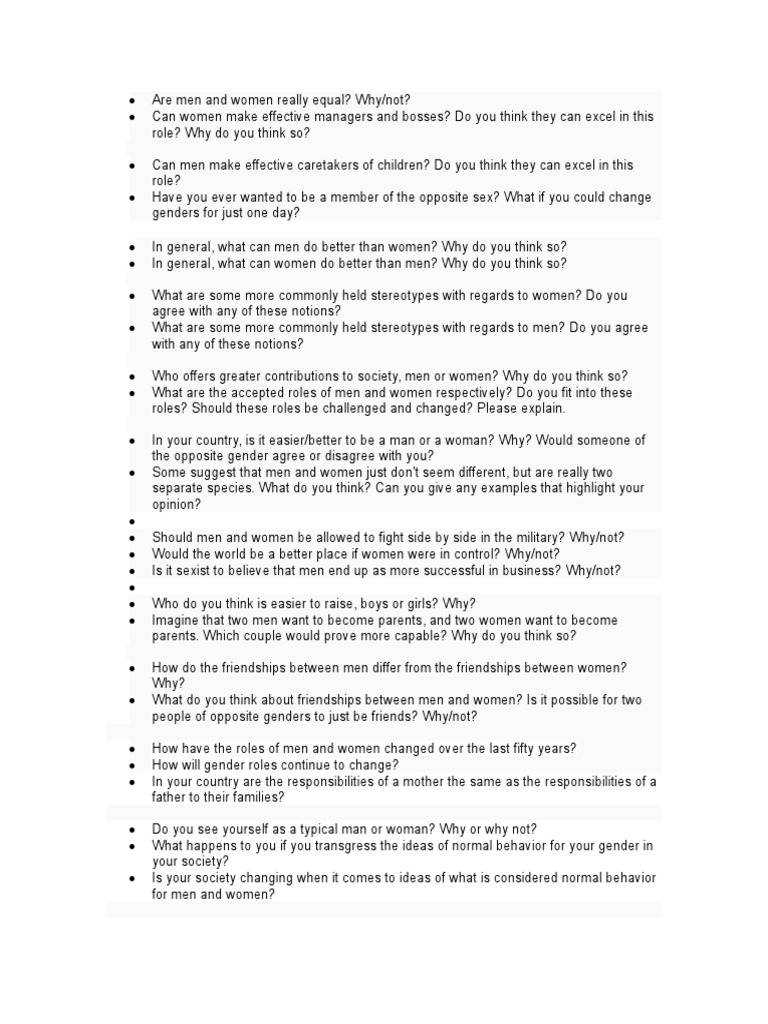 Gender Roles Questions Questionnaire | PDF | Gender Role | Woman
