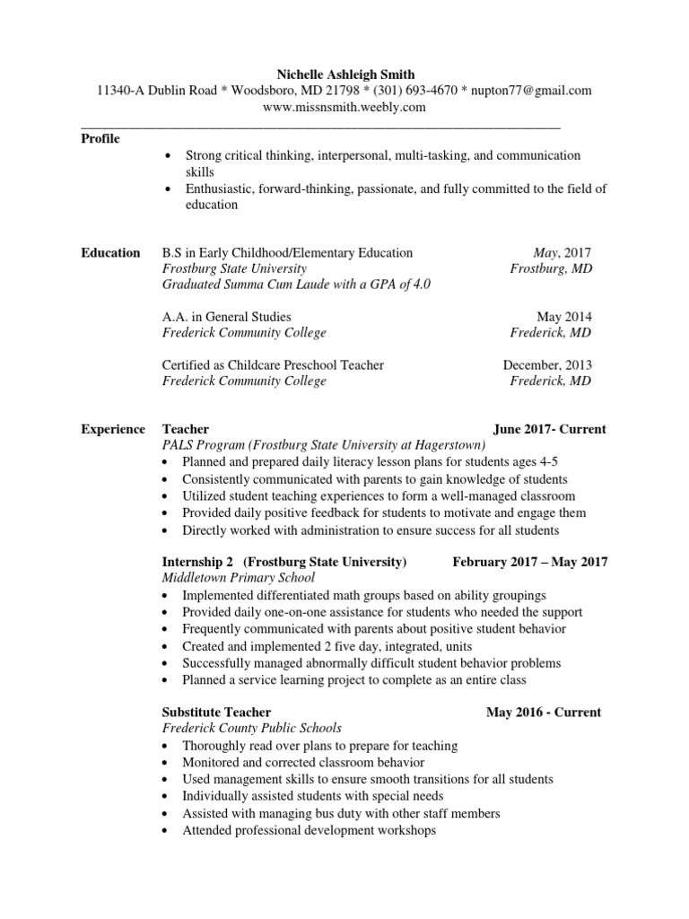 Nichelle Smith Resume 2017 | PDF | Teachers | Primary Education