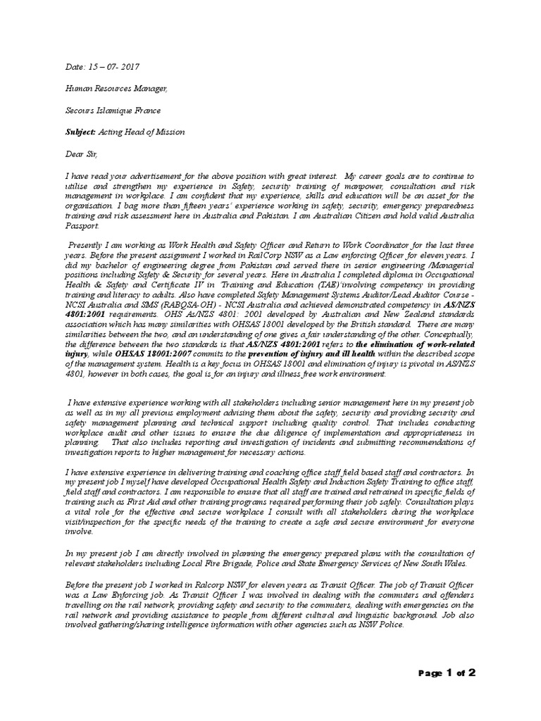 Cover Letter | PDF | Occupational Safety And Health | Employment