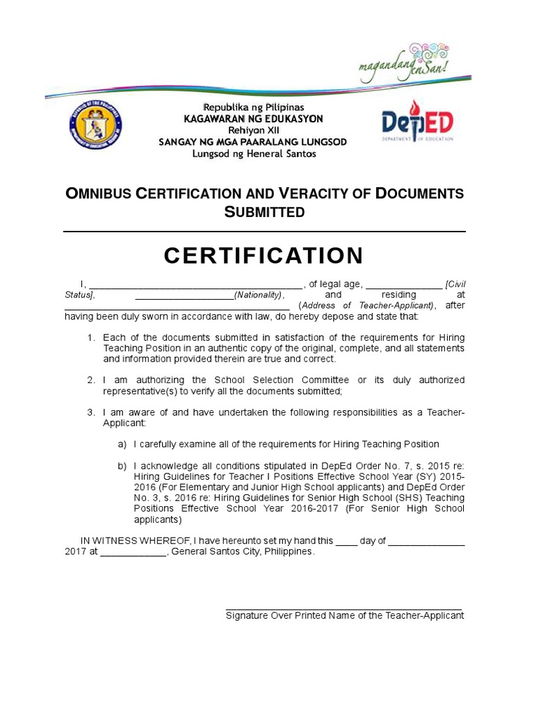 Omnibus Certification and Veracity | PDF | Identity Document ...