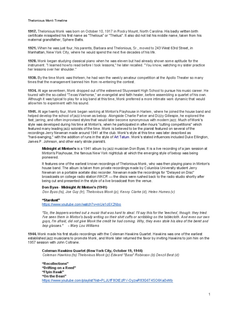 Thelonious Monk Timeline | PDF | American Styles Of Music | African ...