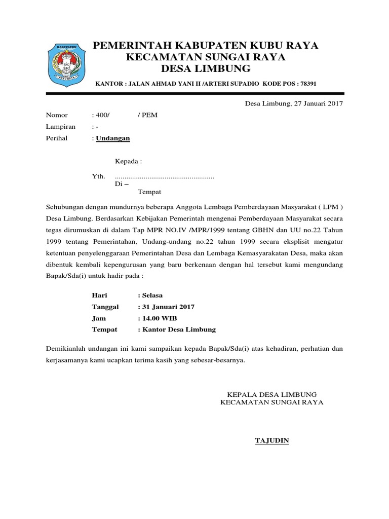 Undangan Rapat LPM Desa Limbung | PDF