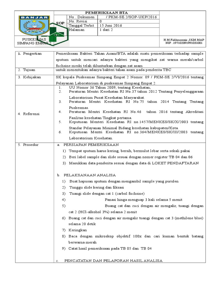 Prosedur Pemeriksaan BTA TBC | PDF | Kesehatan Holistik | Sains ...