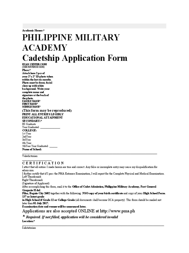 Application for Cadetship at the Philippine Military Academy | PDF ...