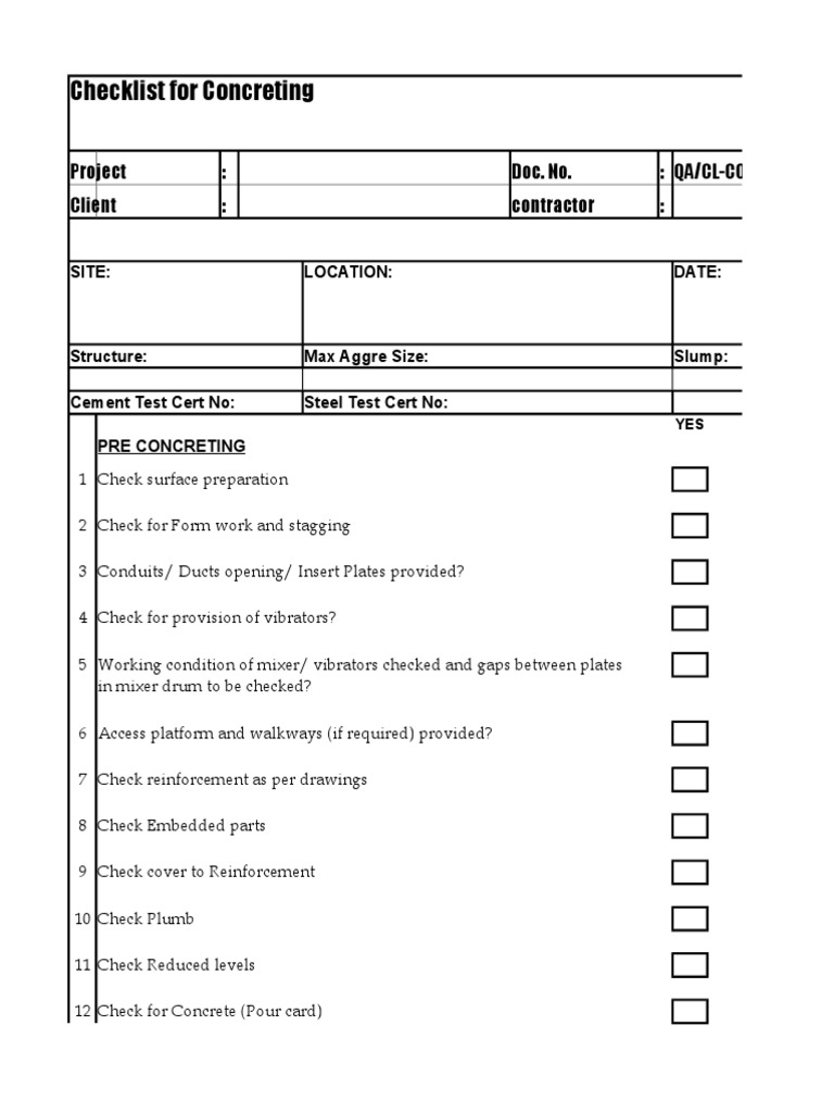 Concreting Pre-Checklist Guide | PDF | Computers