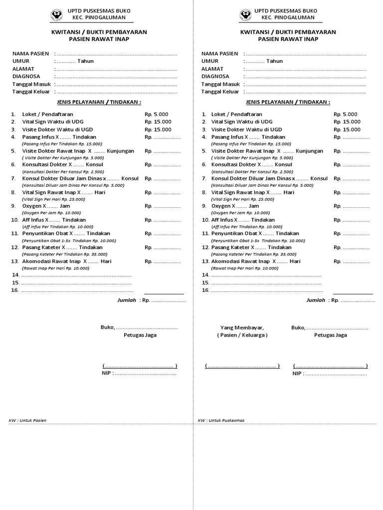 Kwitansi Pembayaran Rawat Inap PKM Buko 2013 | PDF | Griya & Taman