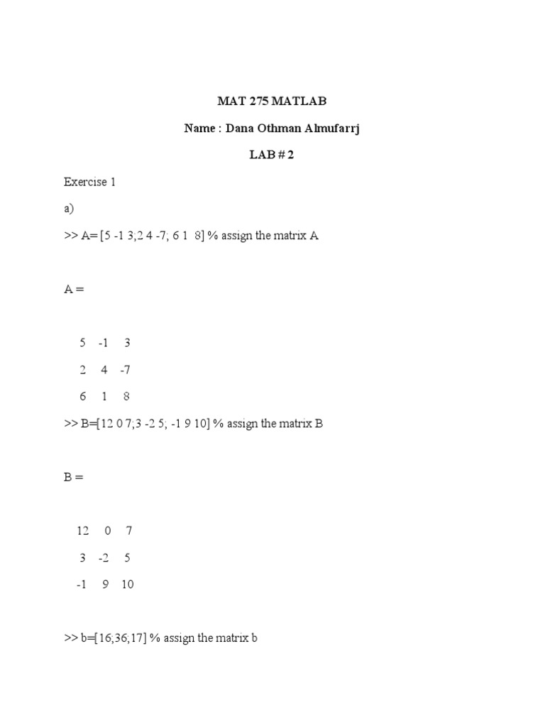 MAT 275 MATLAB Assignment Lab2 | PDF | Computational Science | Mathematical Concepts