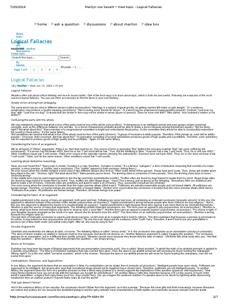 Marilyn Vos Savant - View Topic - Logical Fallacies | PDF | Argument | Validity