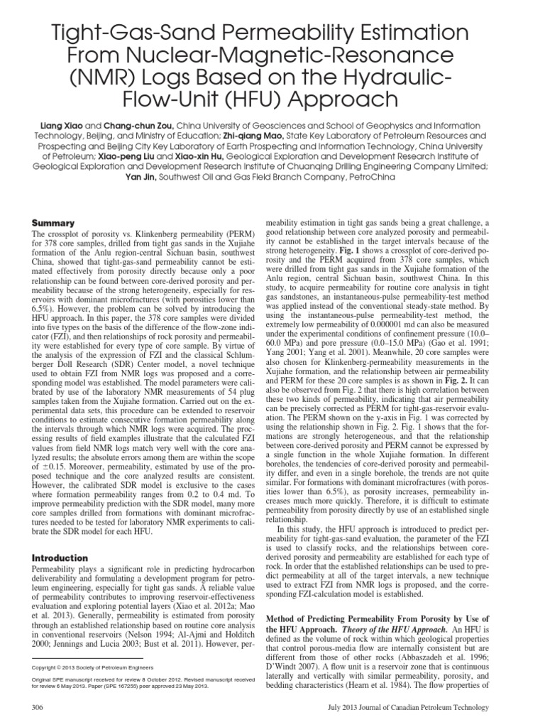 Tight-Gas-Sand Permeability Estimation From Nuclear-Magnetic-Resonance (NMR) Logs Based On The ...