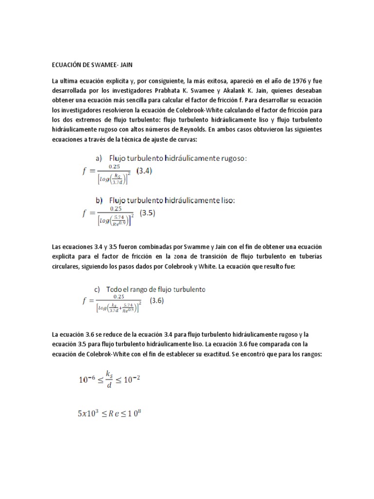 Ecuación de Swamee-Jain para Fricción | PDF