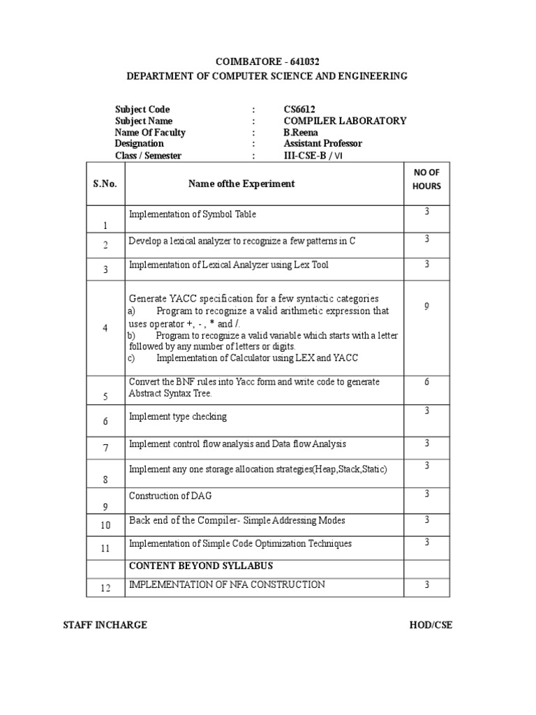 CD LAB Lesson Plan | PDF | Parsing | C (Programming Language)