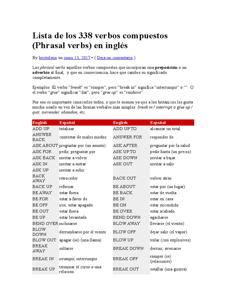 Lista de Los 338 Verbos Compuestos | Ocio | Entretenimiento (general ...